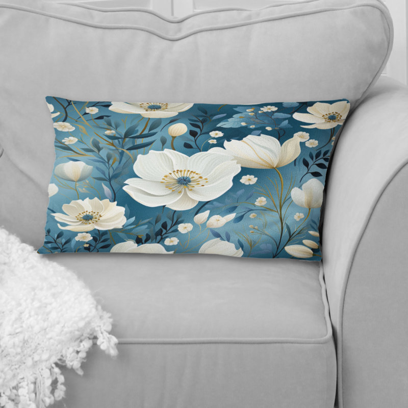 Design Art White And Blue Blossoms Meadow Serenity I - Floral Printed Pillow | Wayfair